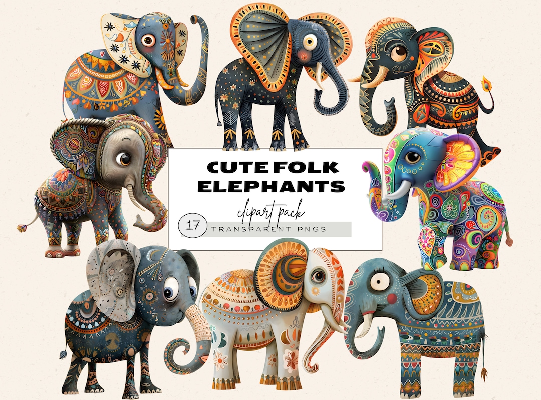 Folk Art Animal Clipart, Funny Elephant Clipart, Scandinavian Folk Art ...