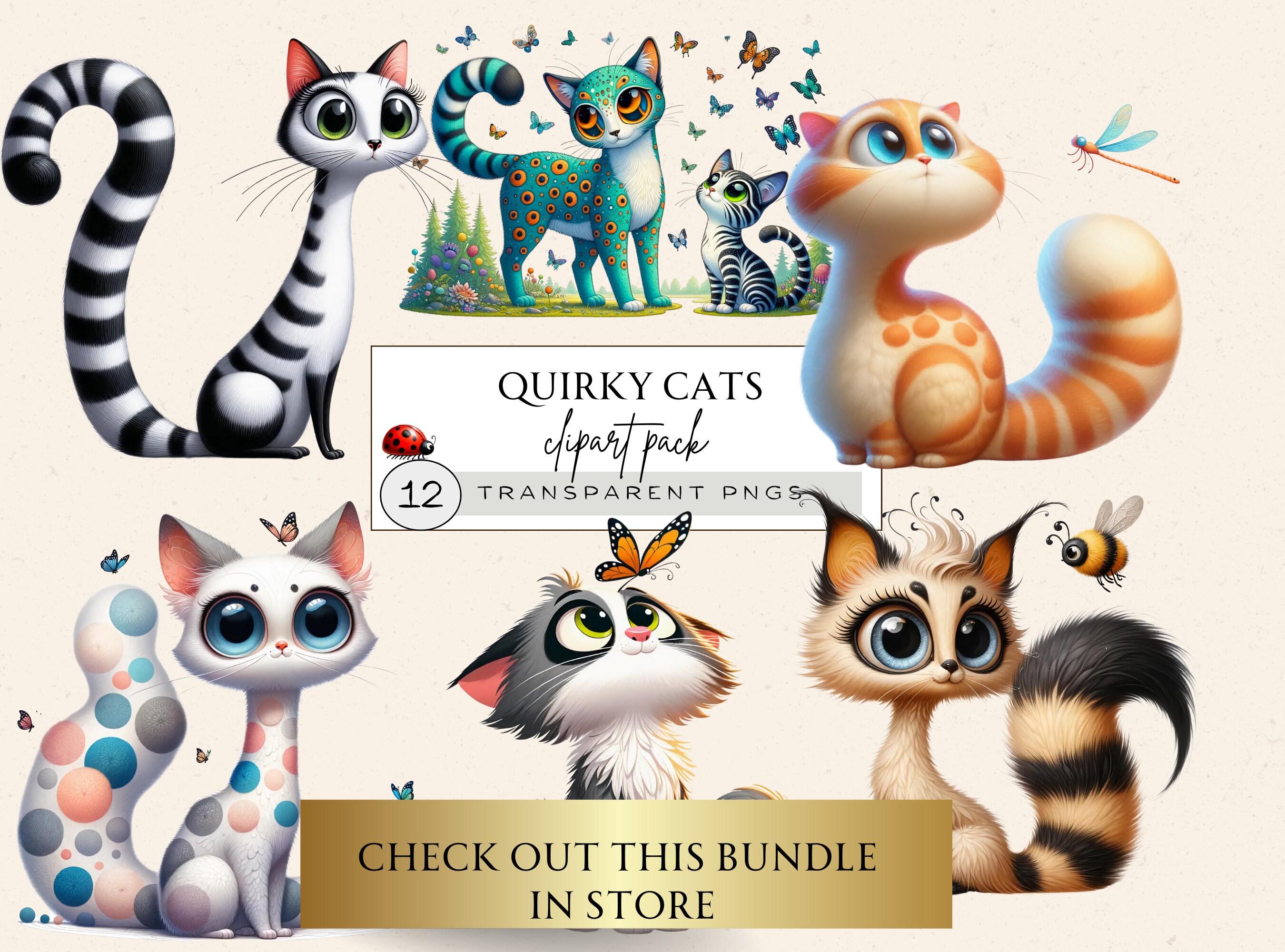 Watercolor Quirky Animal Clipart, Whimsical Cat Clipart, Quirky Animal ...