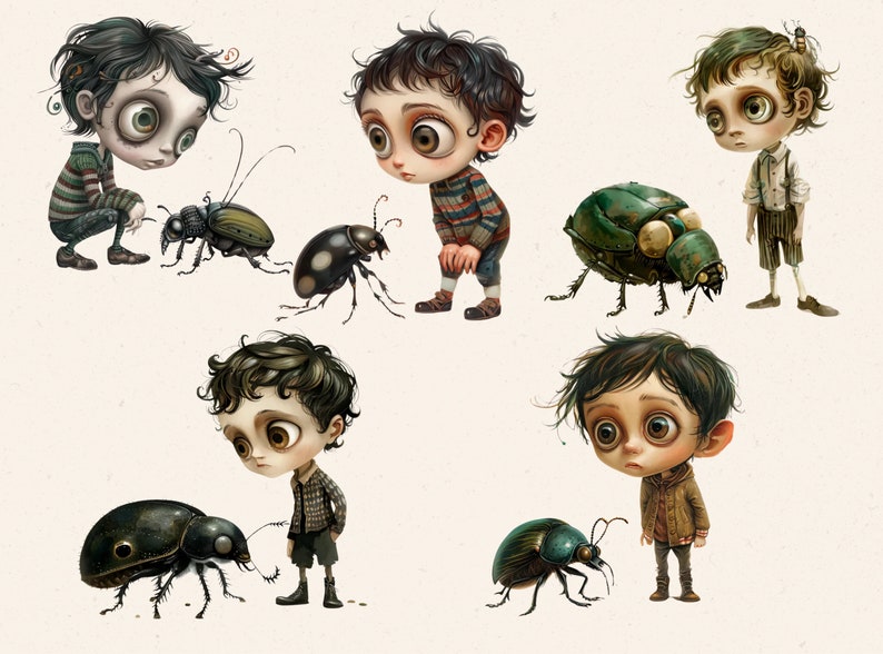 Whimsical Boy Clipart, Boy and Bug Png, Friends Forever Png, Sad Boys ...