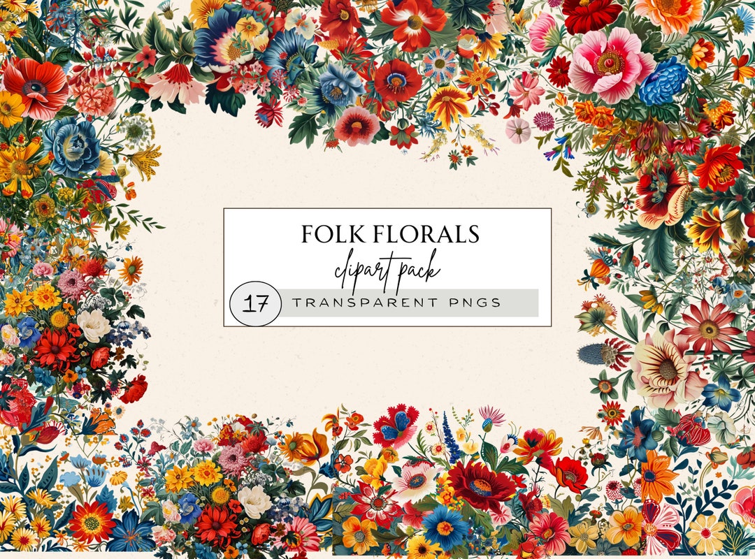 Folk Floral Clipart, Watercolor Floral Border Clipart, Summer Flowers ...