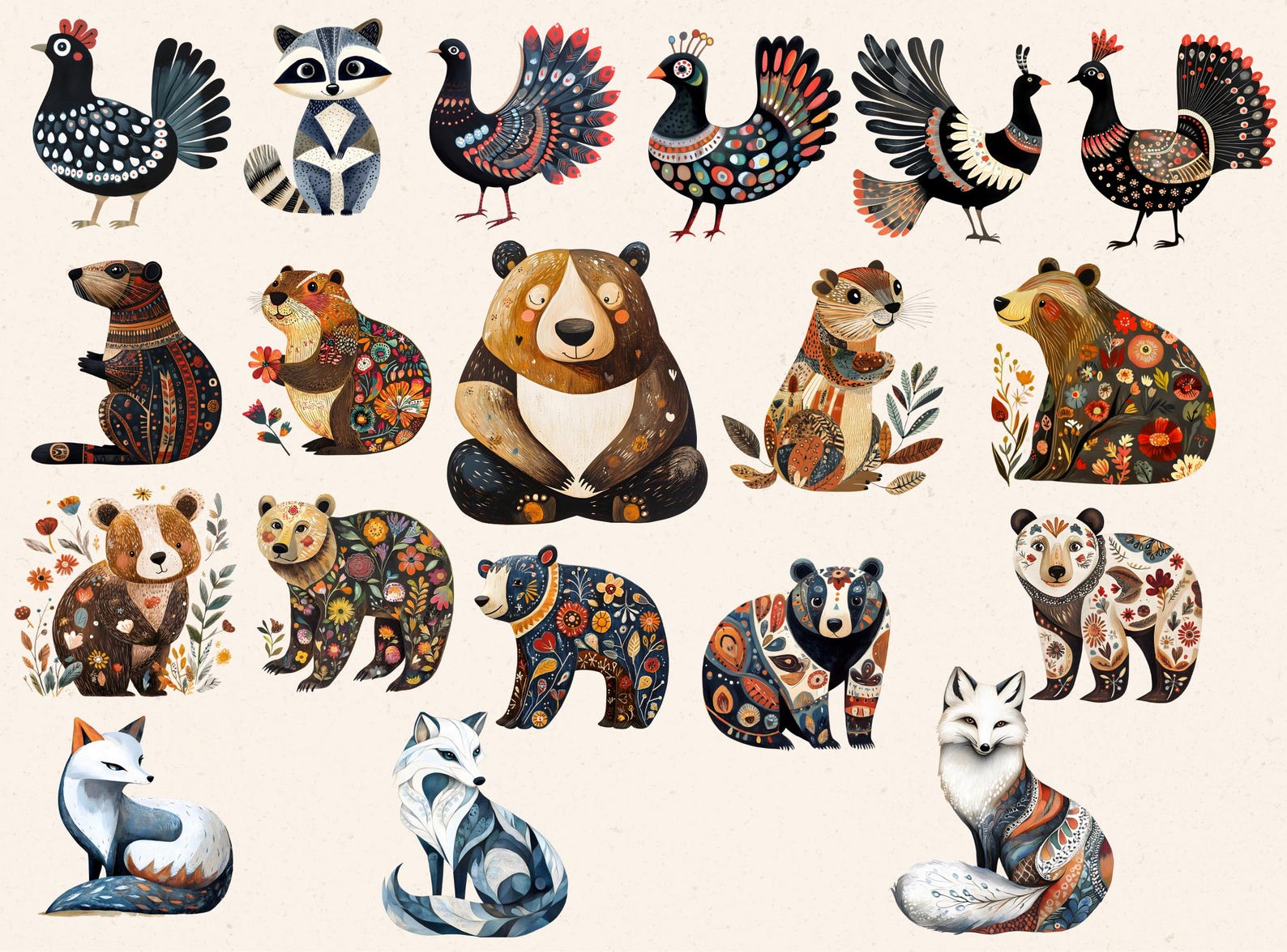 Boho Woodland Animal Clipart Bundle, Scandinavian Folk Art Clipart ...