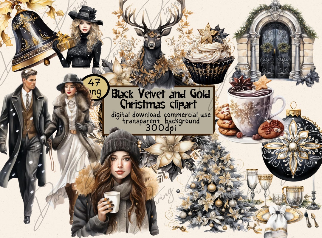 Black and Gold Christmas Clipart, Cosy Christmas, Christmas Digital ...
