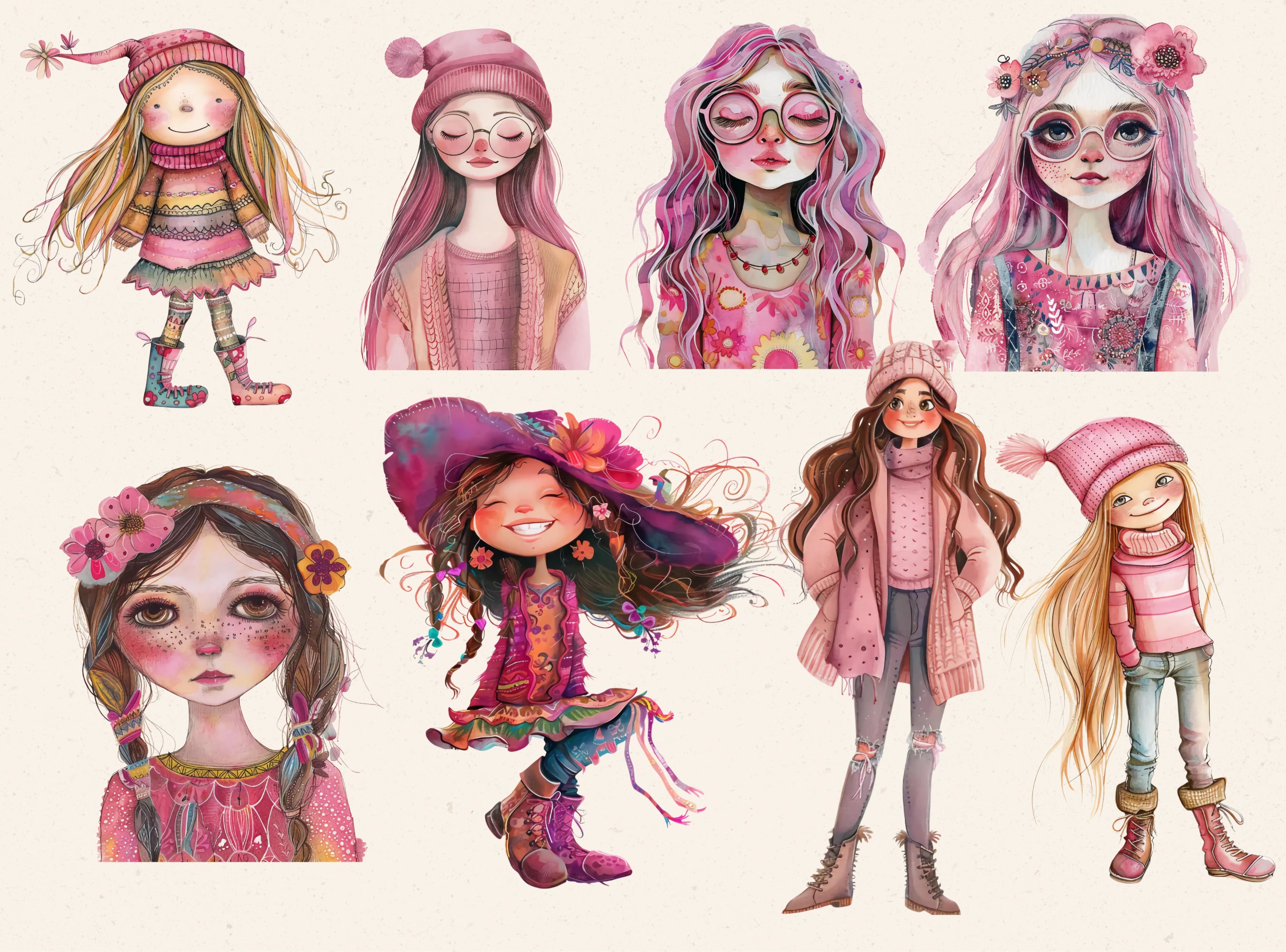 Whimsical Quirky Girl Clipart, Pink Quirky Girls Clipart, Clipart ...