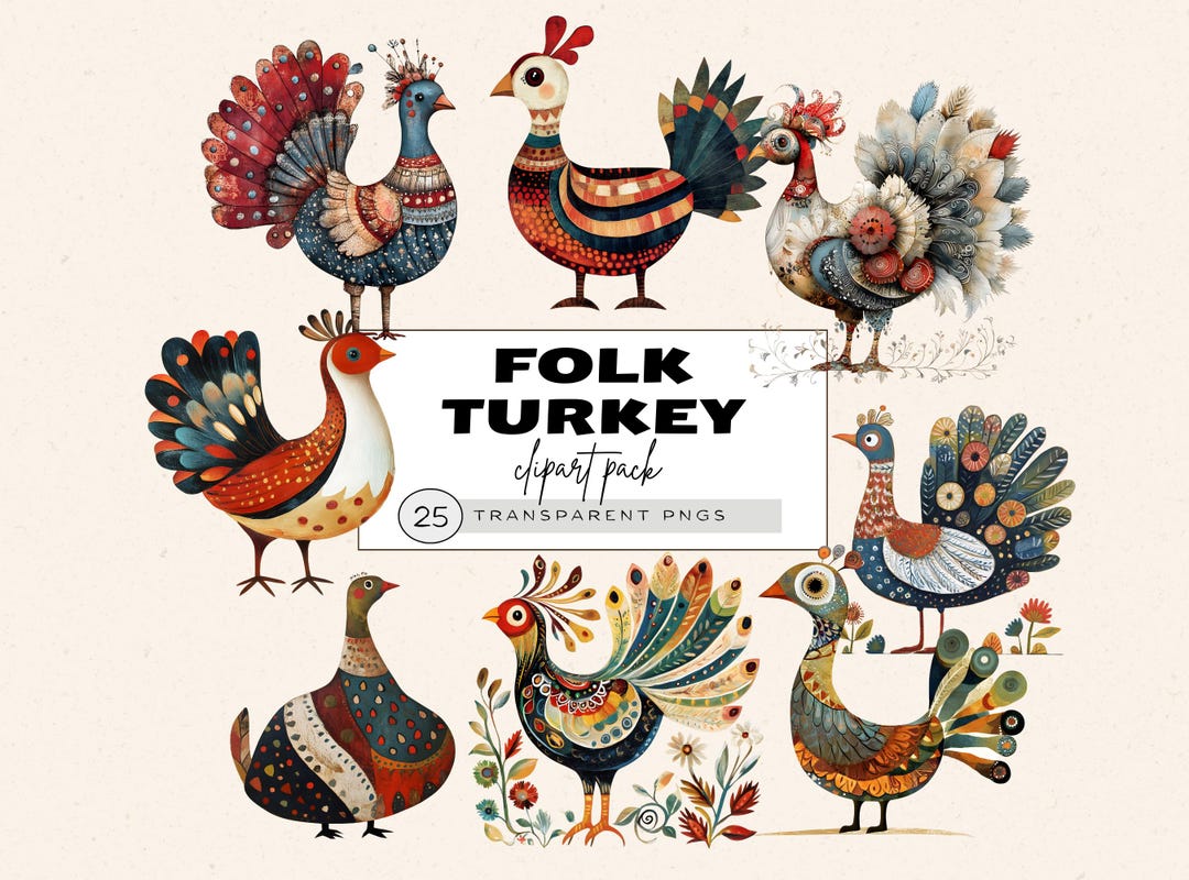 Quirky Turkey Clipart, Watercolor Folk Turkey Clipart, Watercolor ...