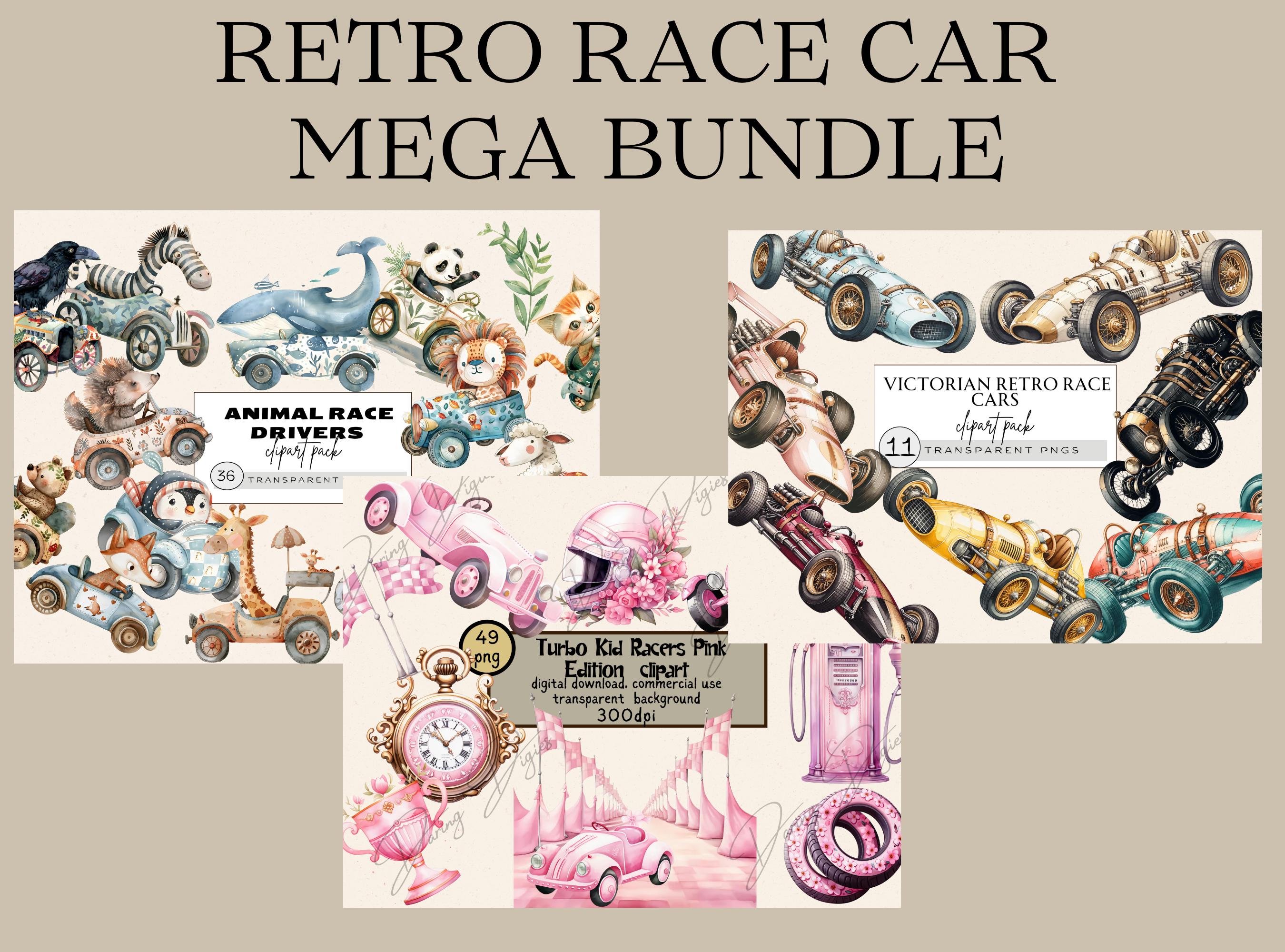 Retro Race Car Clipart, Mega Bundle, Baby Race Car Clipart, Race Car ...