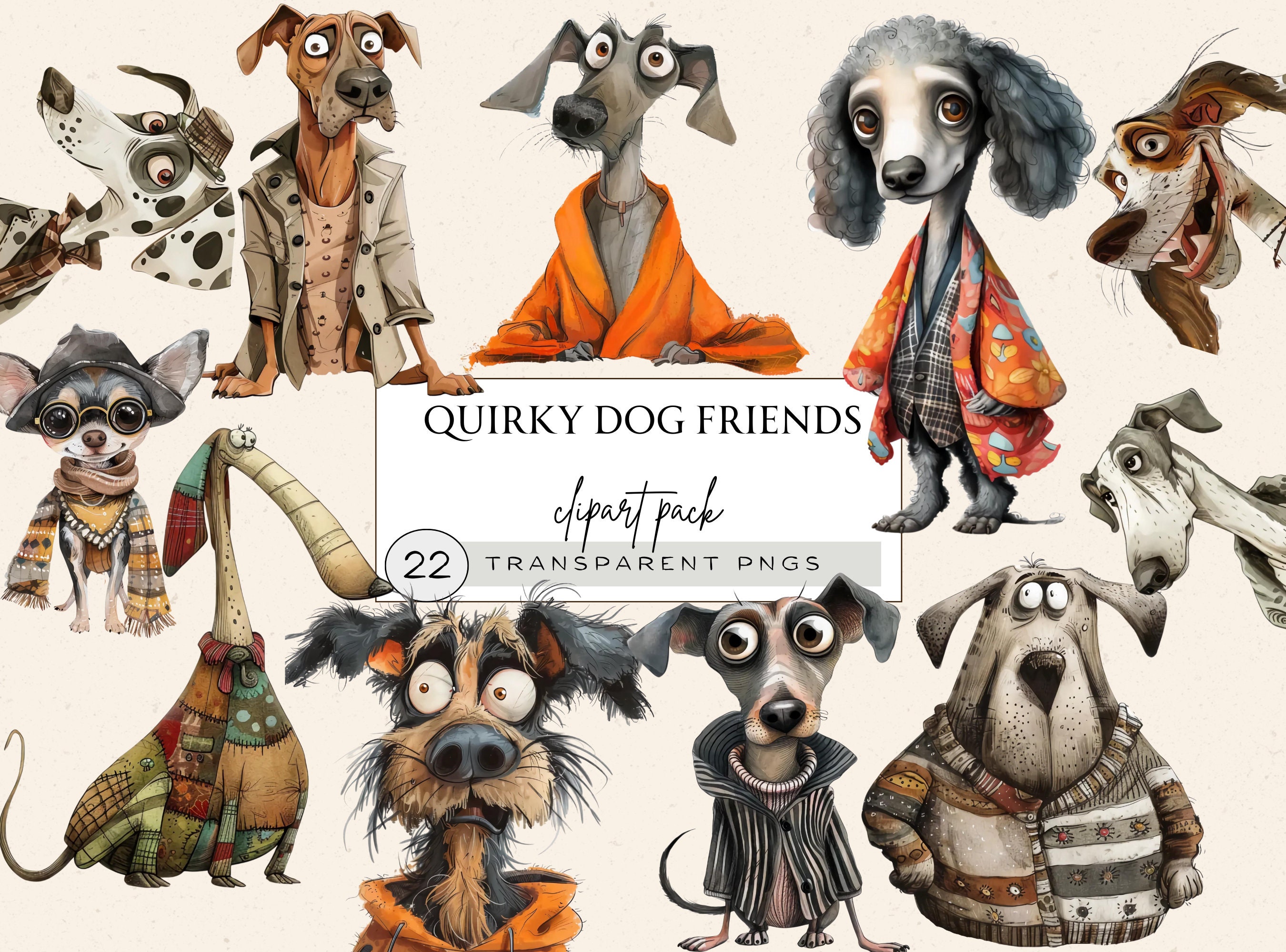 Waterclor Quirky Dogs Clipart, Whimsical Dog Clipart, Quirky Dogs in ...