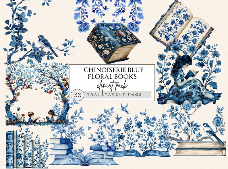 Chinoiserie Floral Clipart, Book Border Clipart, Dusty Blue Floral ...