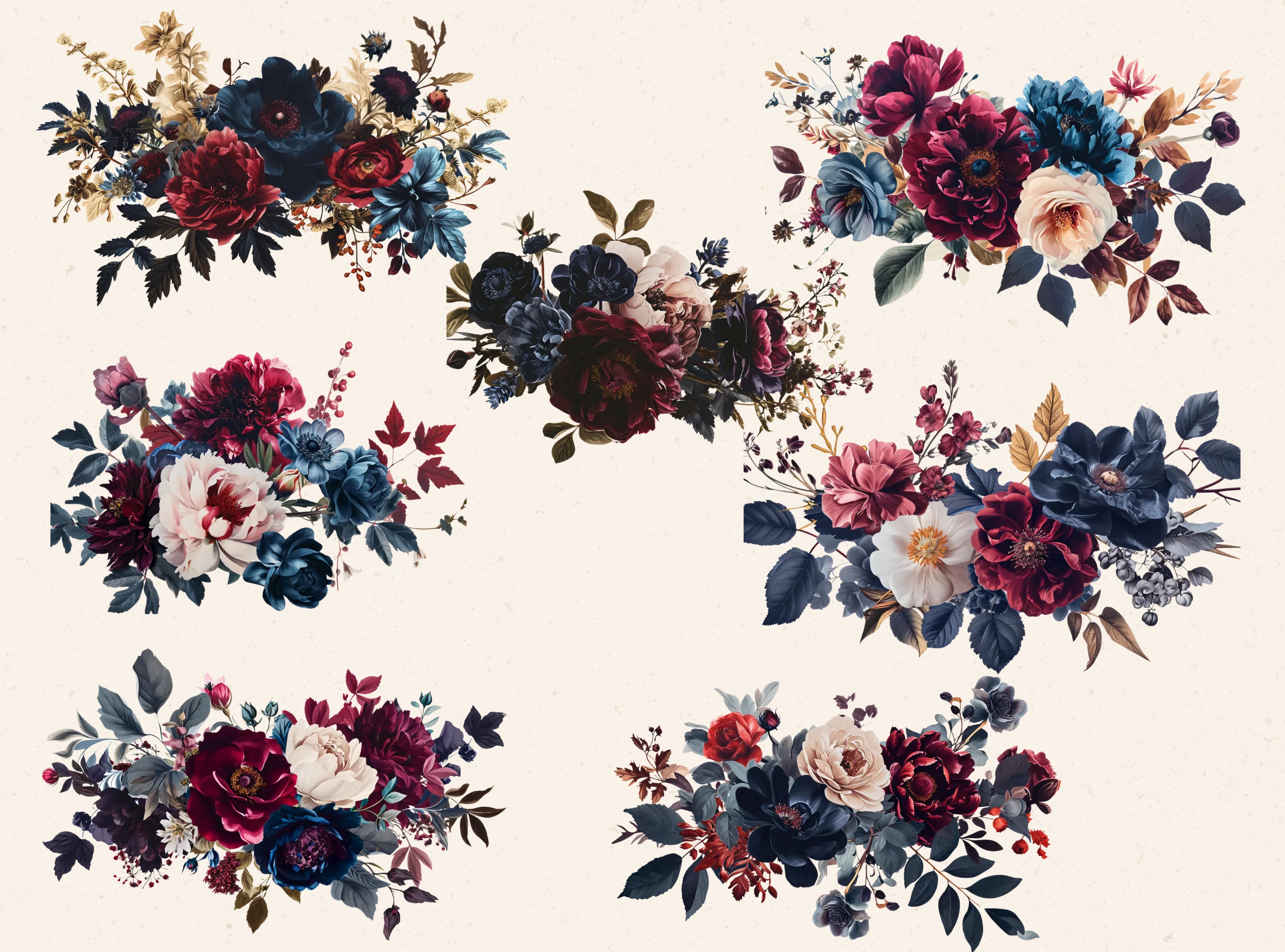 Navy Floral Clipart, Navy Blue Floral Clipart, Burgundy Flower ...
