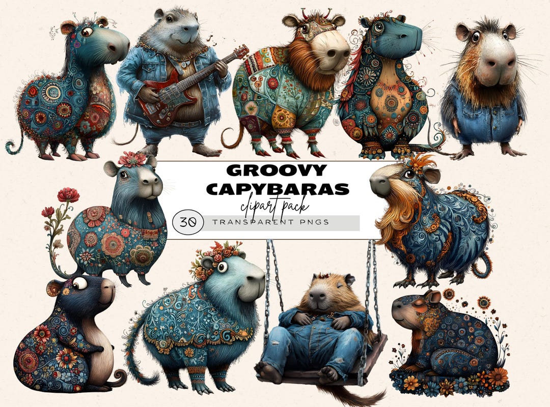Cute Capybara Clipart Bundle, Capybara Birthday Png, Groovy Capybara ...