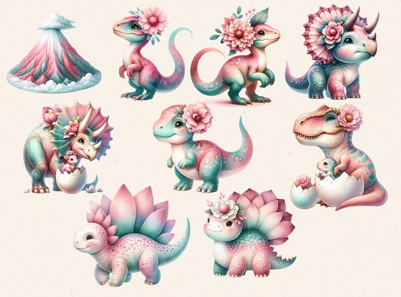 Girly Dinosaur Clipart, Cute Dinosaur Themed Watercolor Clipart ...