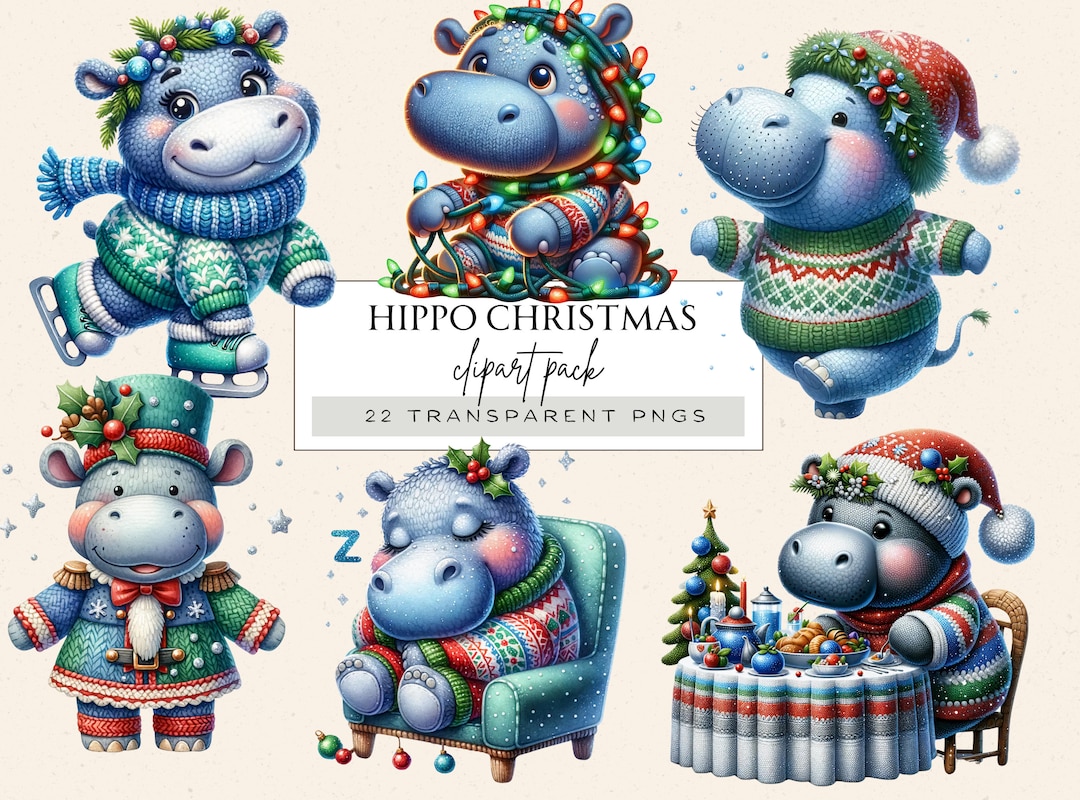 Christmas Hippo Clipart, Light Blue Christmas Clipart, Hippo Christmas ...