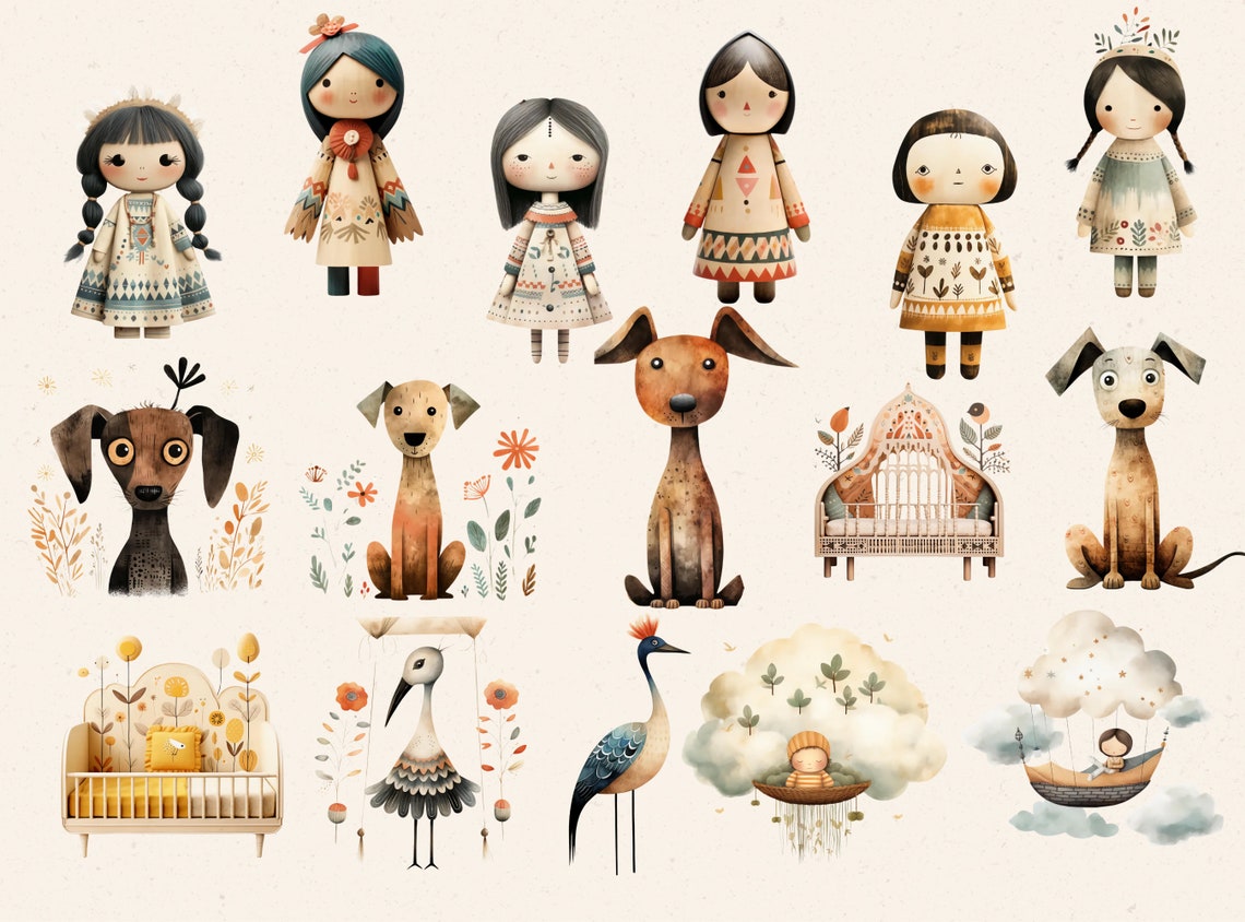 Boho Doodle Clipart, Boho Baby Watercolor Clipart, Nursery Animal Clip ...