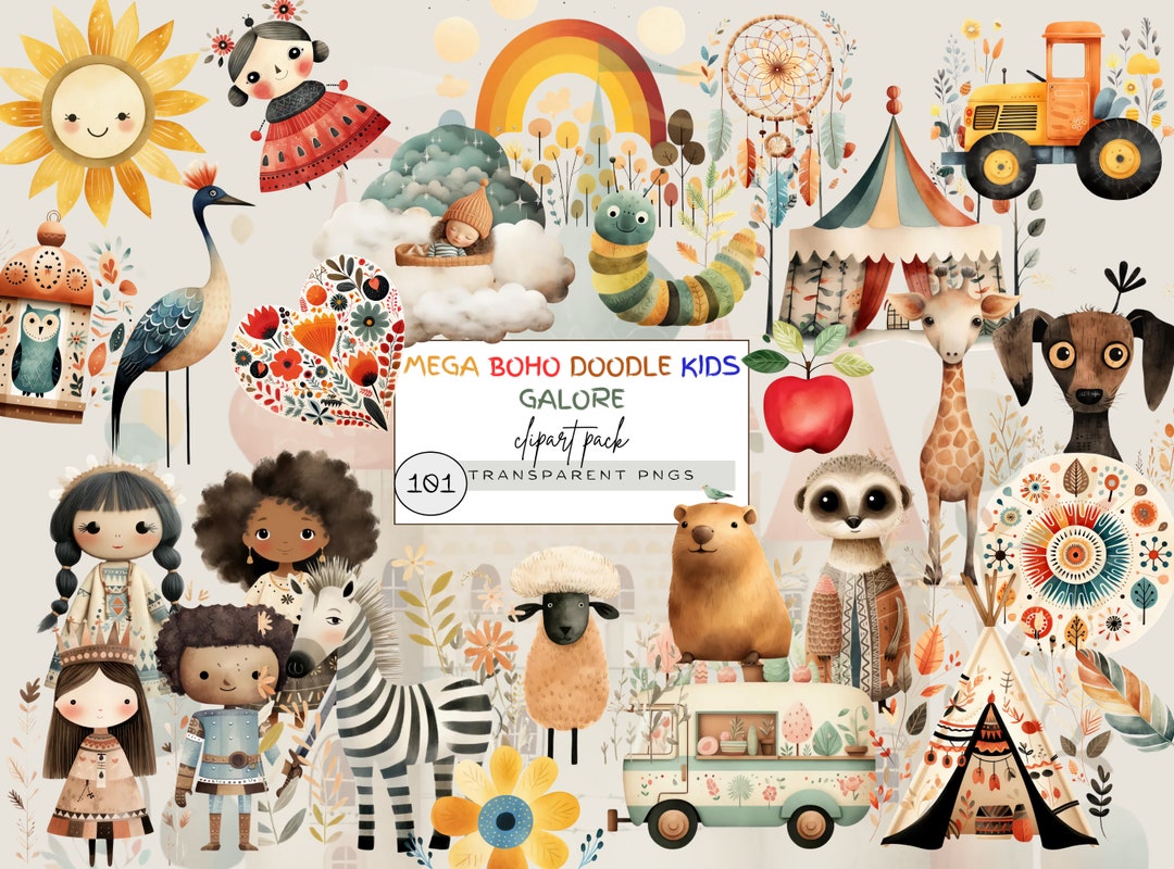 Boho Doodle Clipart, Boho Baby Watercolor Clipart, Nursery Animal Clip ...