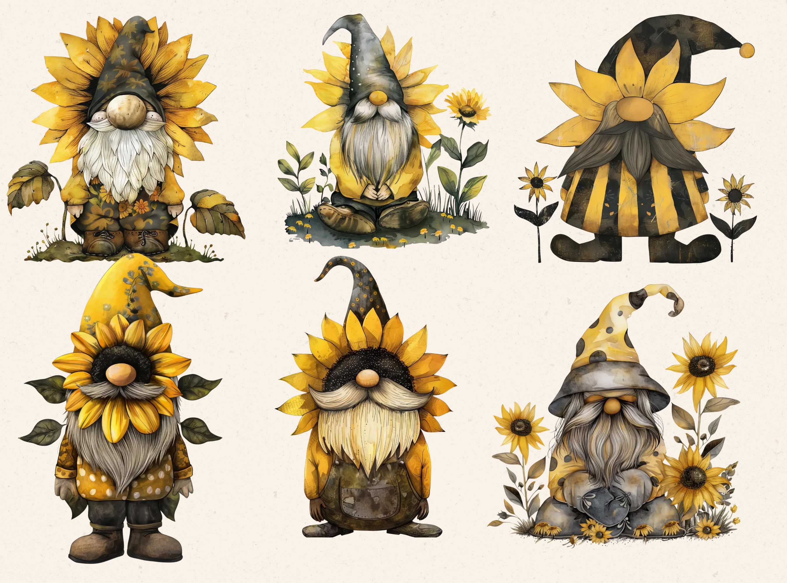 Sunflower Gnome Clipart Bundle, Watercolor Sunflower Gnome Clipart ...