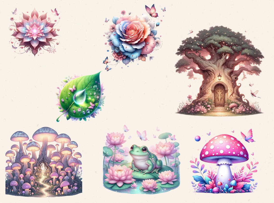 Magical Flower Fairy Garden Clipart, Pink Fairy Garden and Mushroom ...