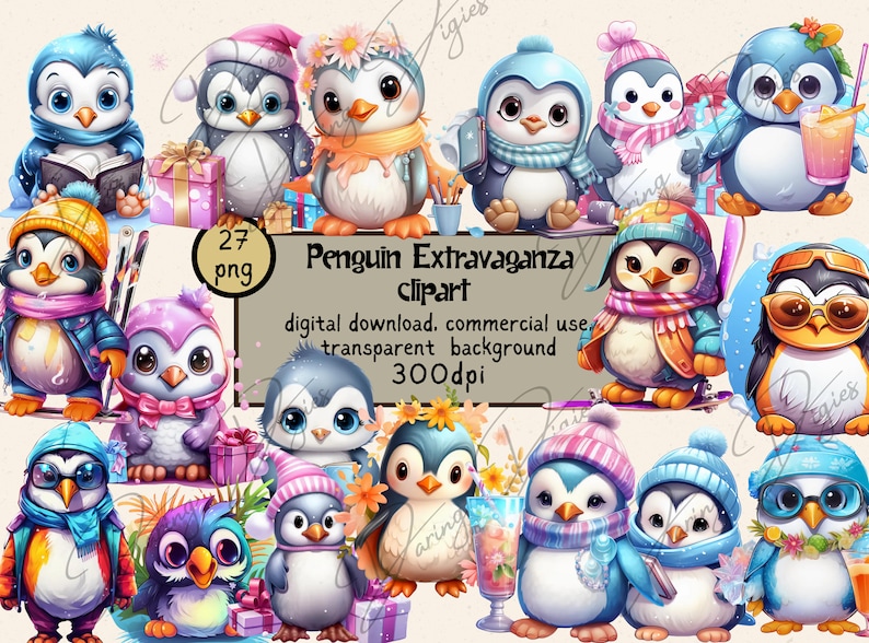 Christmas Penguin Clipart Bundle, Landscape Scenes, Watercolor Penguin ...
