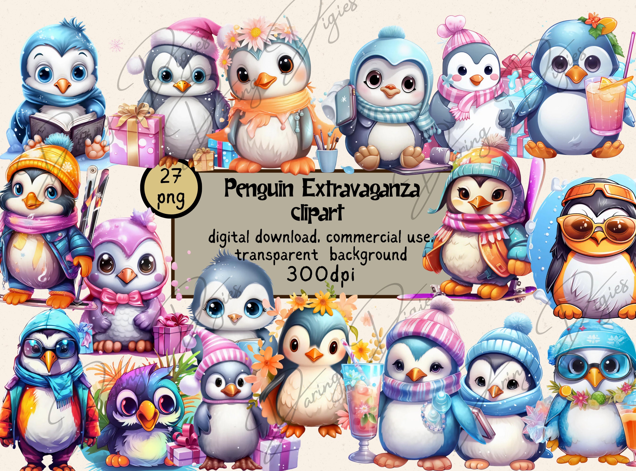 Christmas Penguin Clipart Bundle, Landscape Scenes, Watercolor Penguin ...