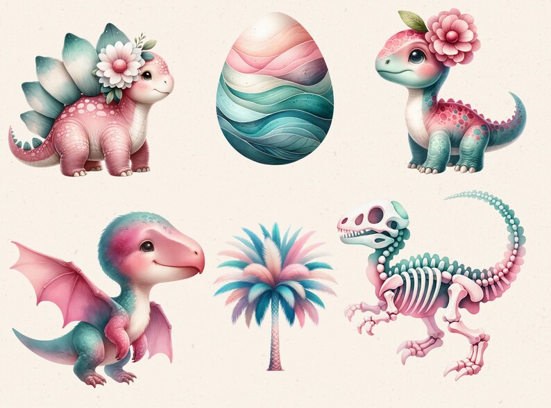 Girly Dinosaur Clipart, Cute Dinosaur Themed Watercolor Clipart ...