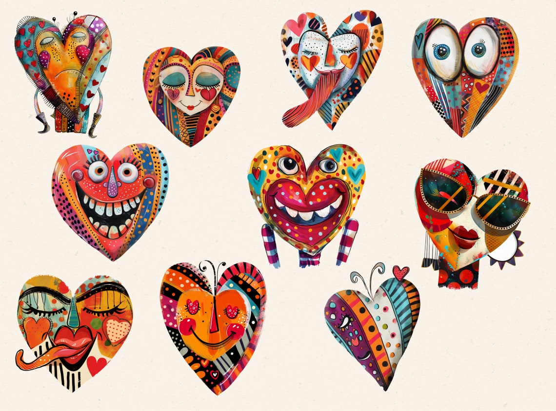 Quirky Hearts Clipart, Big Heart Png, Hearts With Faces, Feelings ...