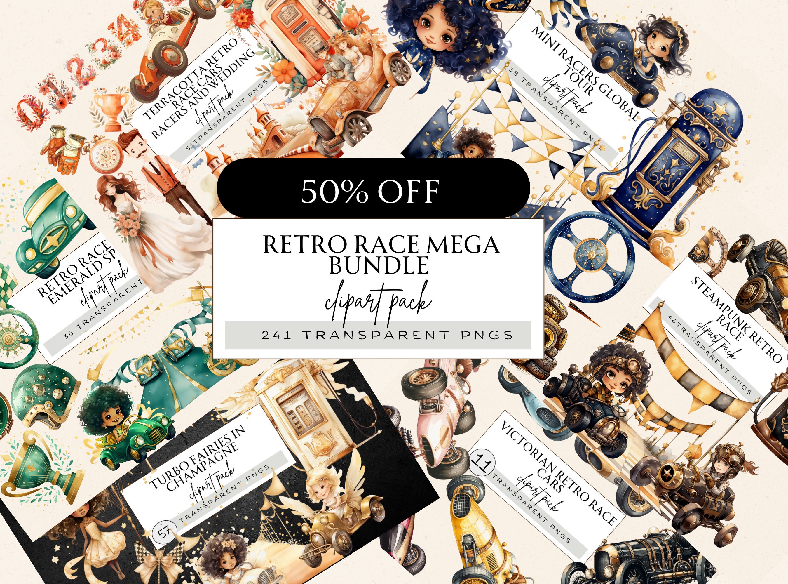 Retro Race Car Clipart, Mega Bundle, Race Car Birthday, Baby Race Car ...