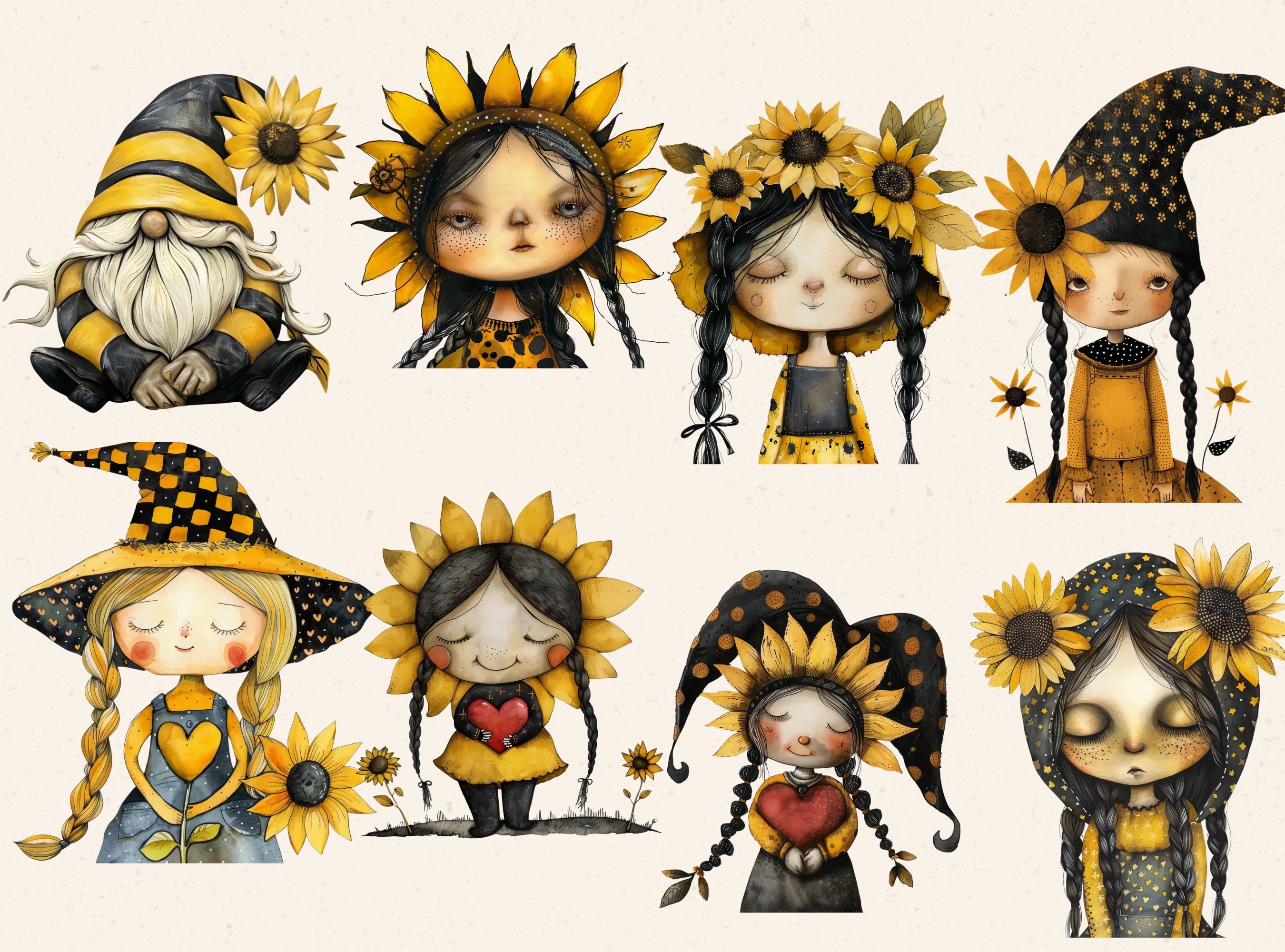Sunflower Gnome Clipart Bundle, Watercolor Sunflower Gnome Clipart ...