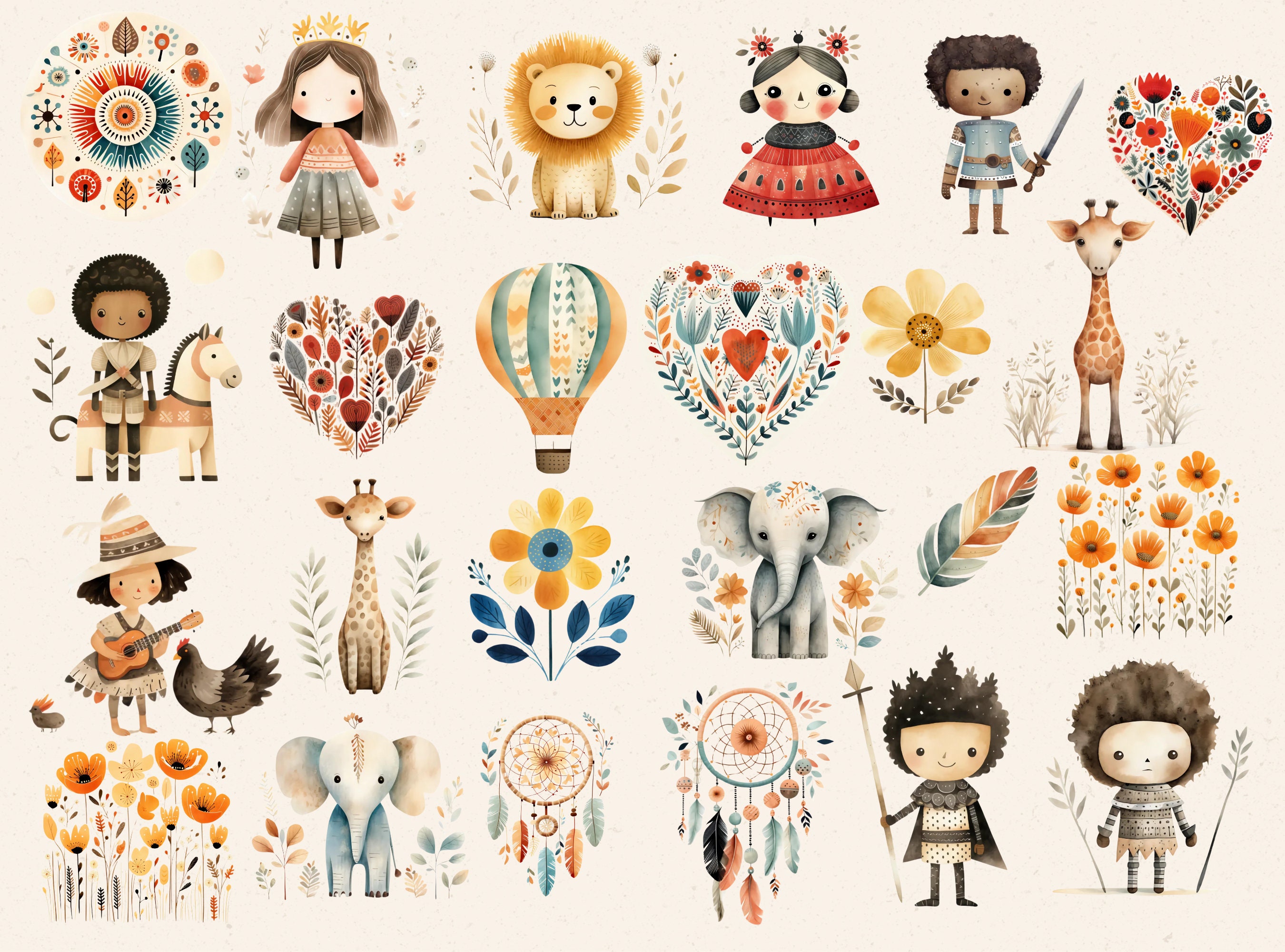 Boho Doodle Clipart, Boho Baby Watercolor Clipart, Nursery Animal Clip ...
