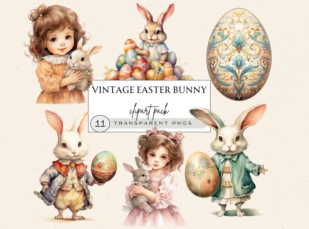 Vintage Easter Bunny Clipart, Easter Bunny Clipart Bundle, Girl With ...