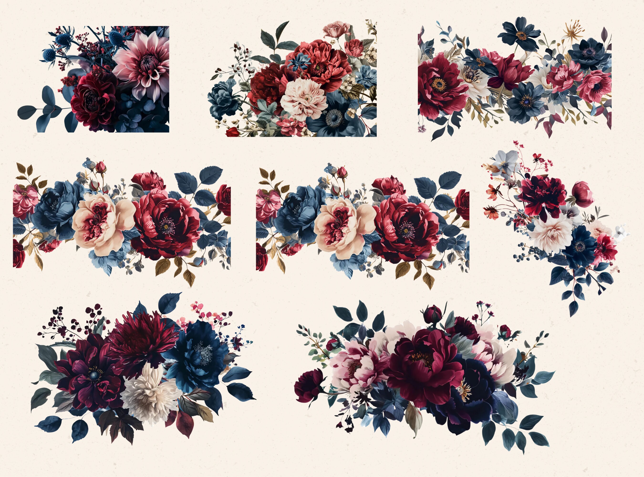 Navy Floral Clipart, Navy Blue Floral Clipart, Burgundy Flower ...