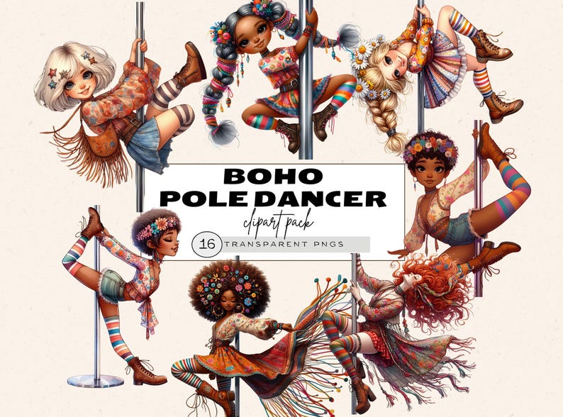 Pole Dance Clipart, Boho Pole Dancer Clipart, Boho Girls on the Pole ...