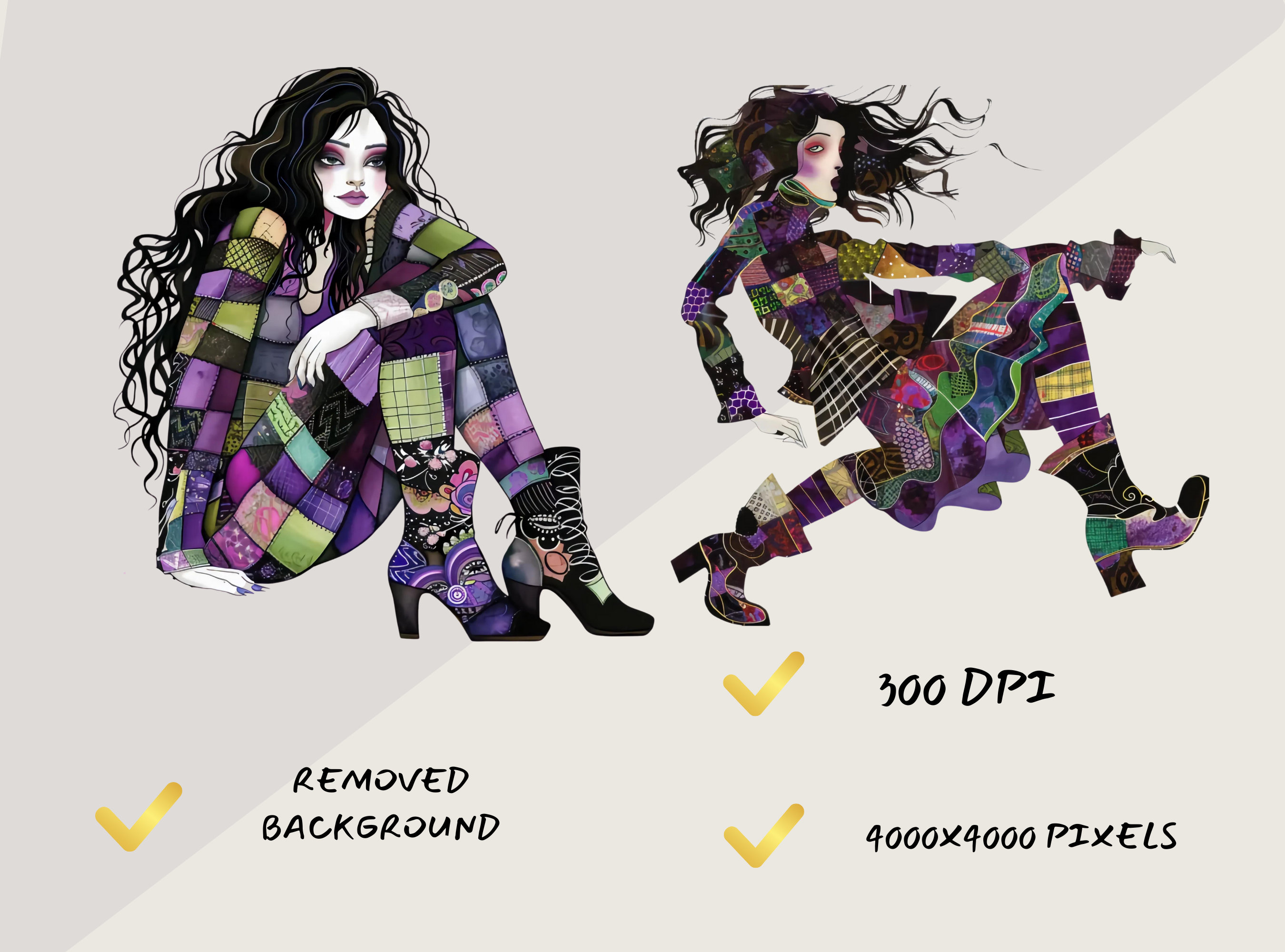 Quirky Girl Clipart, Whimsical Girl Png, Neon Green and Purple Girl, Patchwork Girl, Girl With ...