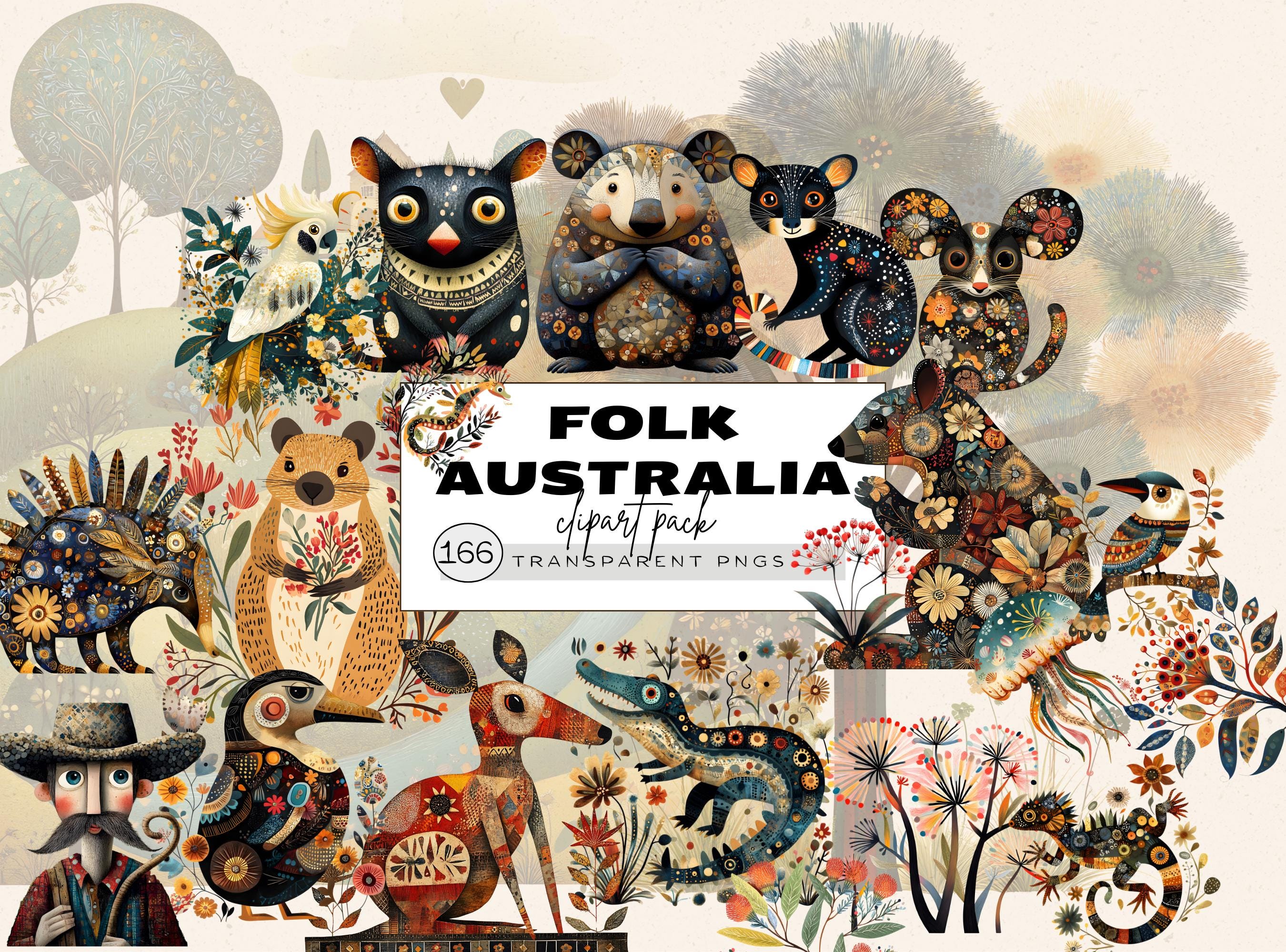 Australian Animals Clipart Bundle, Australian Bird Clipart, Folk Art ...