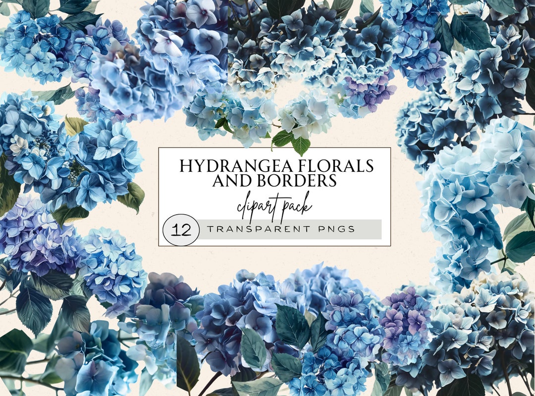 Hydrangea Printable Clipart, Dusty Blue Floral Clipart Border, Hydrangea Floral Border, Blue ...
