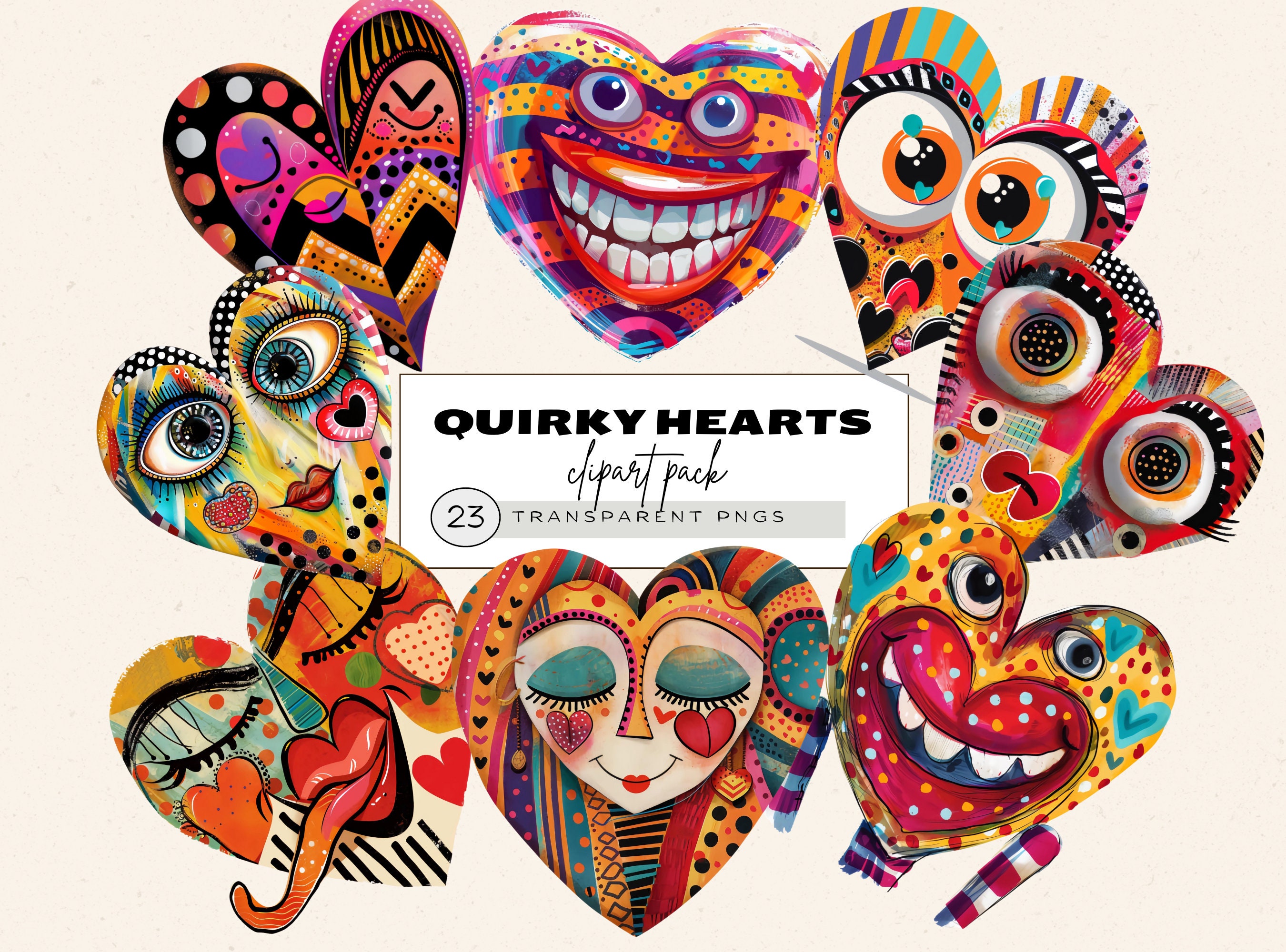 Quirky Hearts Clipart, Big Heart Png, Hearts With Faces, Feelings ...