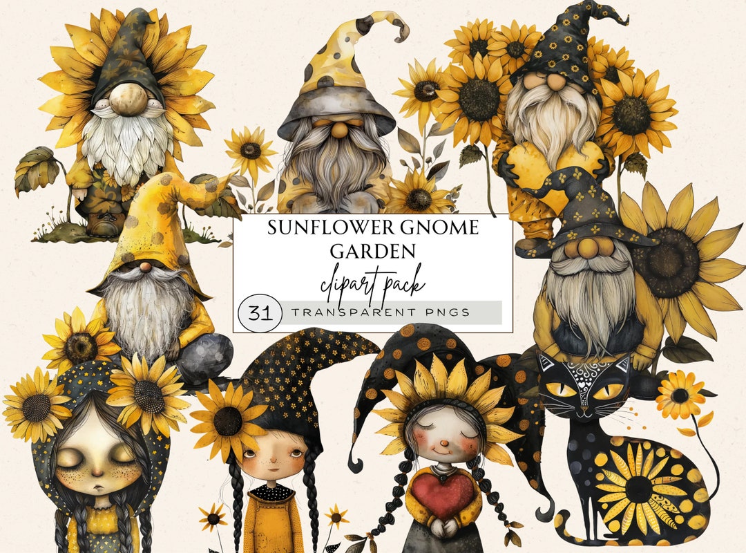 Sunflower Gnome Clipart Bundle, Watercolor Sunflower Gnome Clipart ...