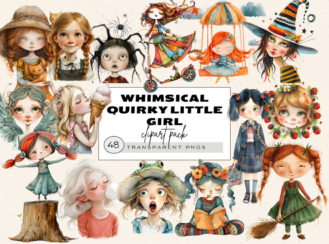 Whimsical Quirky Girl Clipart, Quirky Girls Clipart, Fun Little Girl ...
