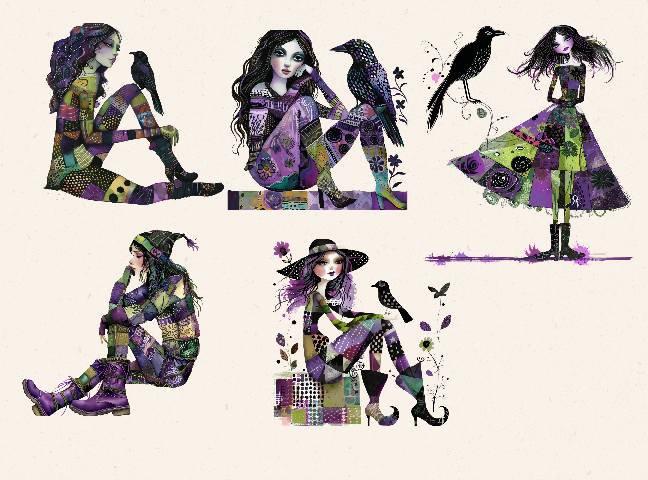Quirky Girl Clipart, Whimsical Girl Png, Neon Green and Purple Girl ...