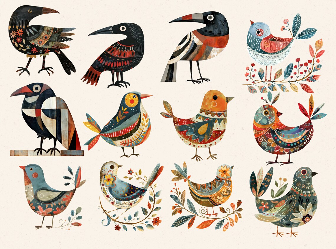 Folk Art Bird Clipart, Quirky Bird Png, Whimsical Bird Png, Funny and ...