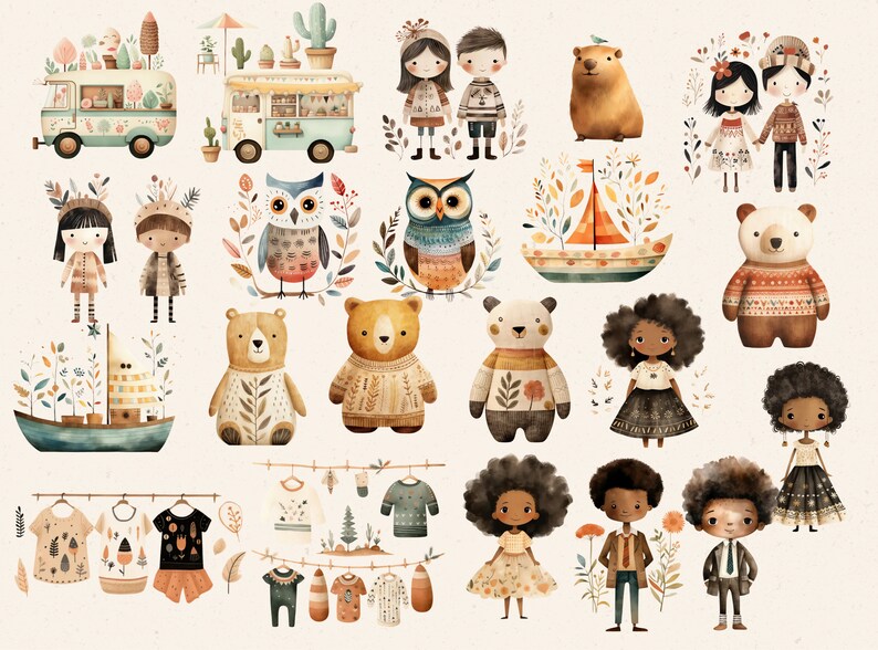 Boho Doodle Clipart, Boho Baby Watercolor Clipart, Nursery Animal Clip ...