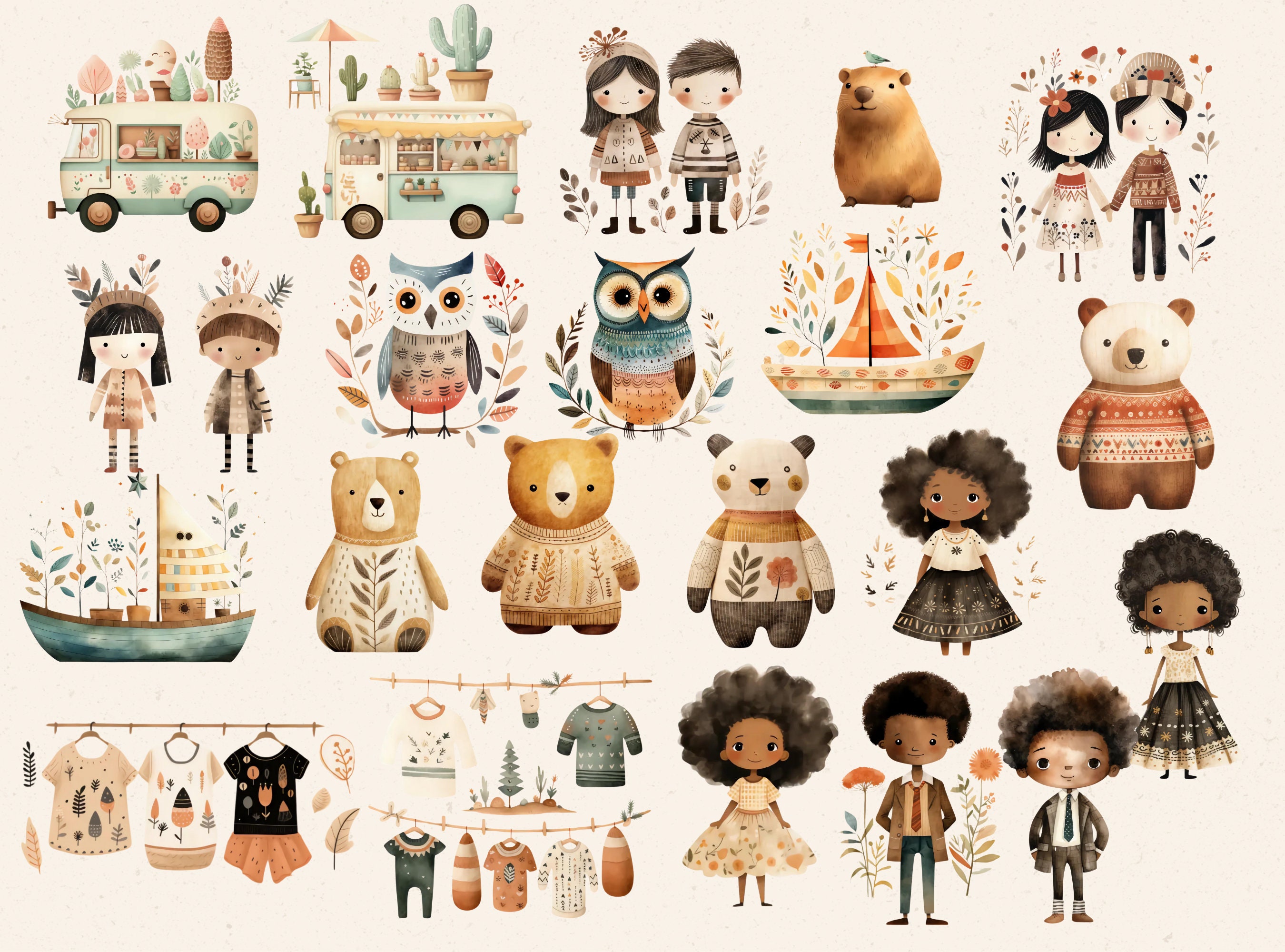 Boho Doodle Clipart, Boho Baby Watercolor Clipart, Nursery Animal Clip ...