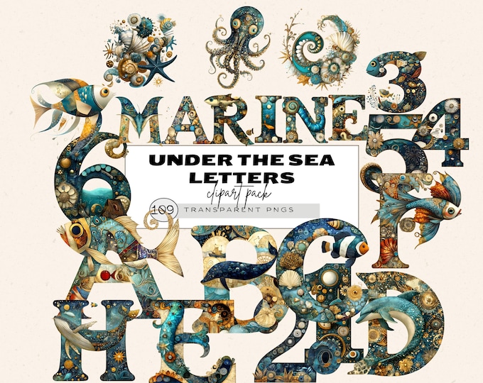 Ocean Alphabet Clipart Watercolor Transparent Sealife Graphic Name ...