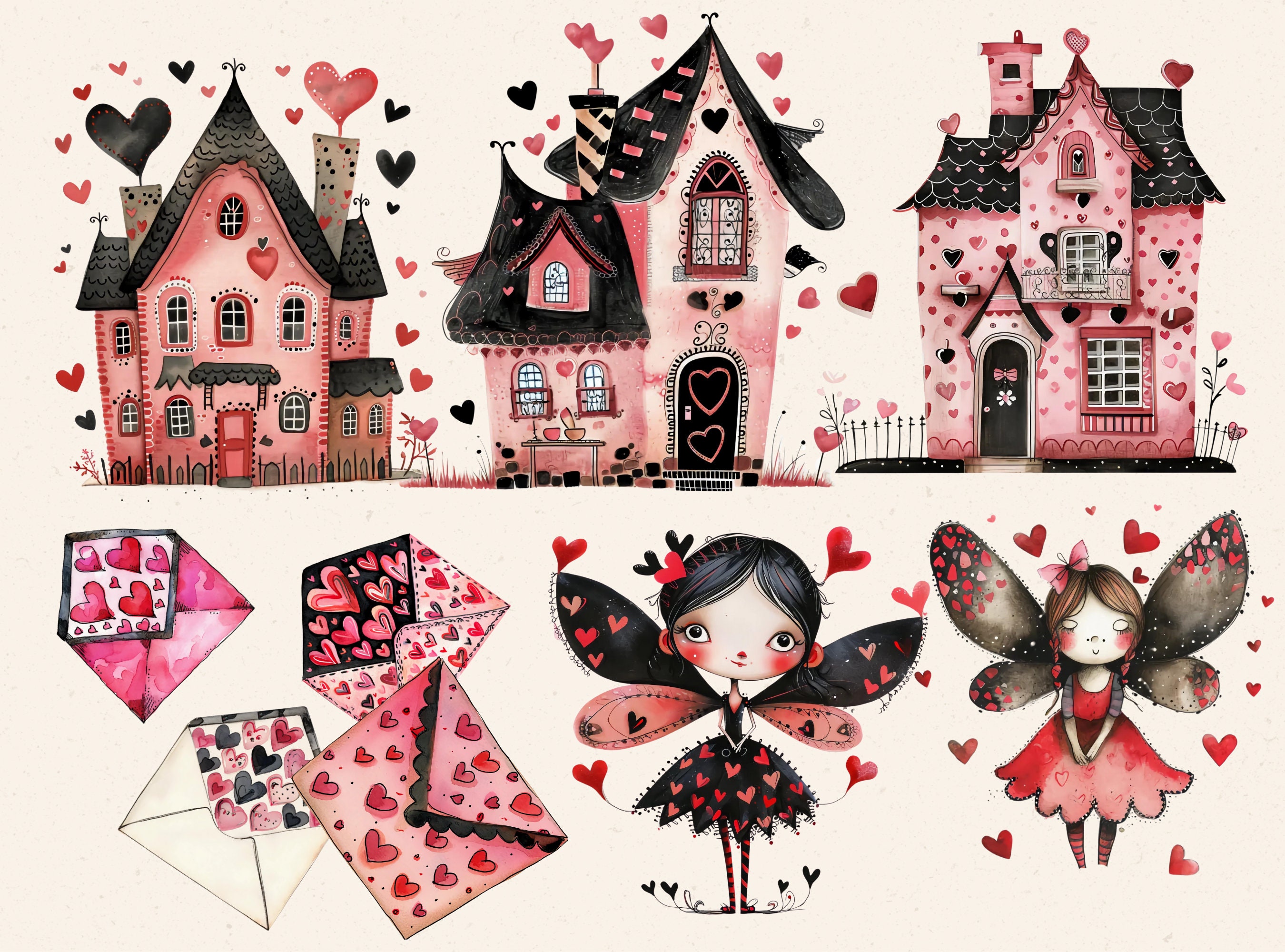 Valentine House Clipart, Valentines Envelope Clipart, Whimsical House ...