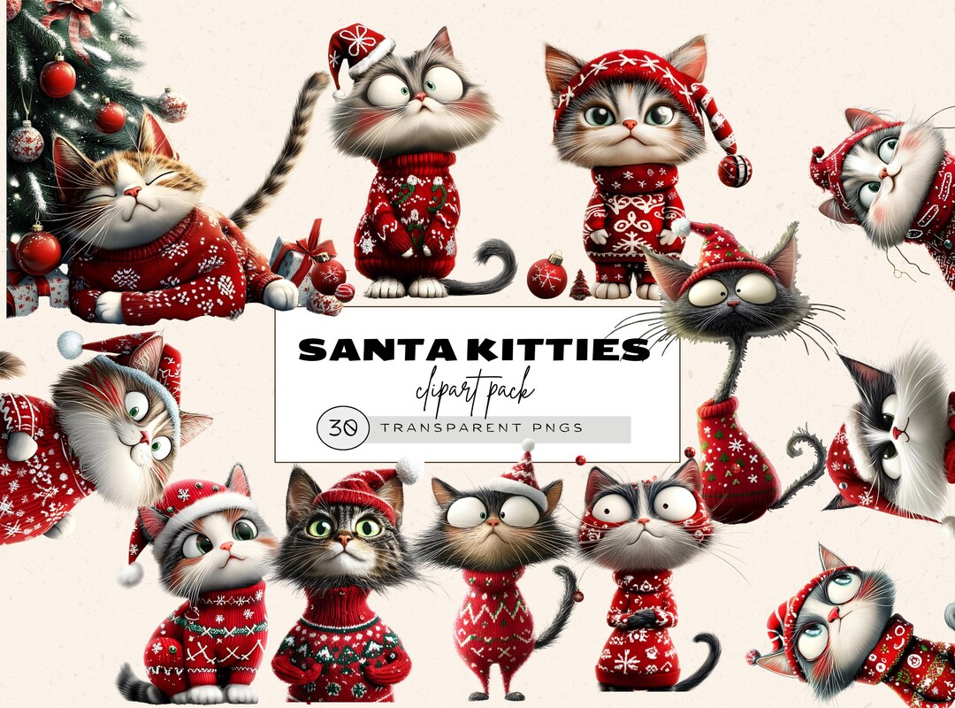 Whimsical Quirky Christmas Cats, Grumpy Christmas Cat Clipart, Funny ...