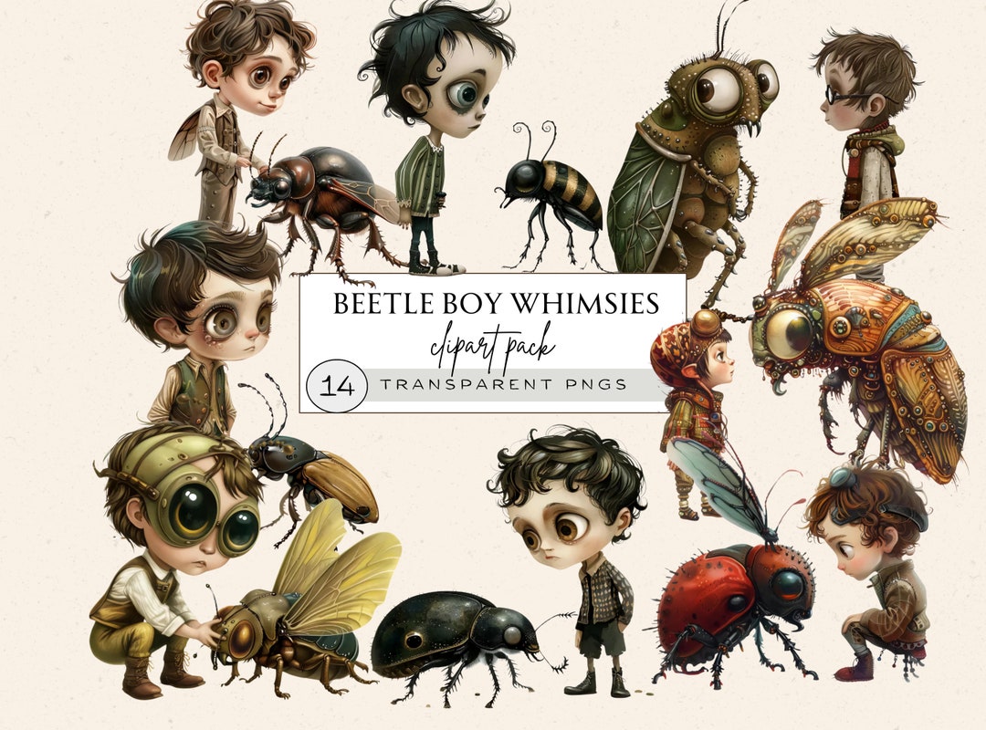 Whimsical Boy Clipart, Boy and Bug Png, Friends Forever Png, Sad Boys ...