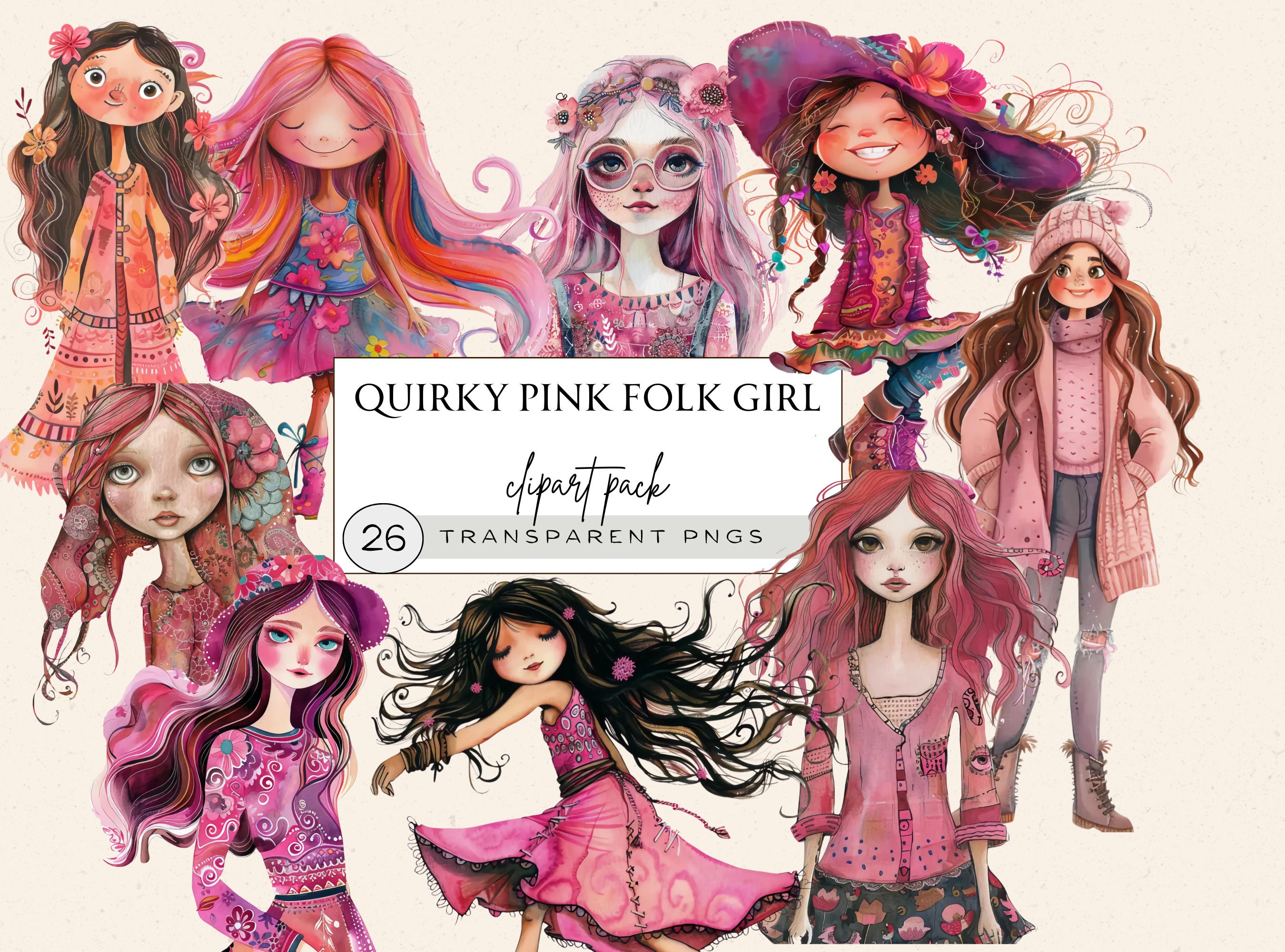 Whimsical Quirky Girl Clipart, Pink Quirky Girls Clipart, Clipart ...