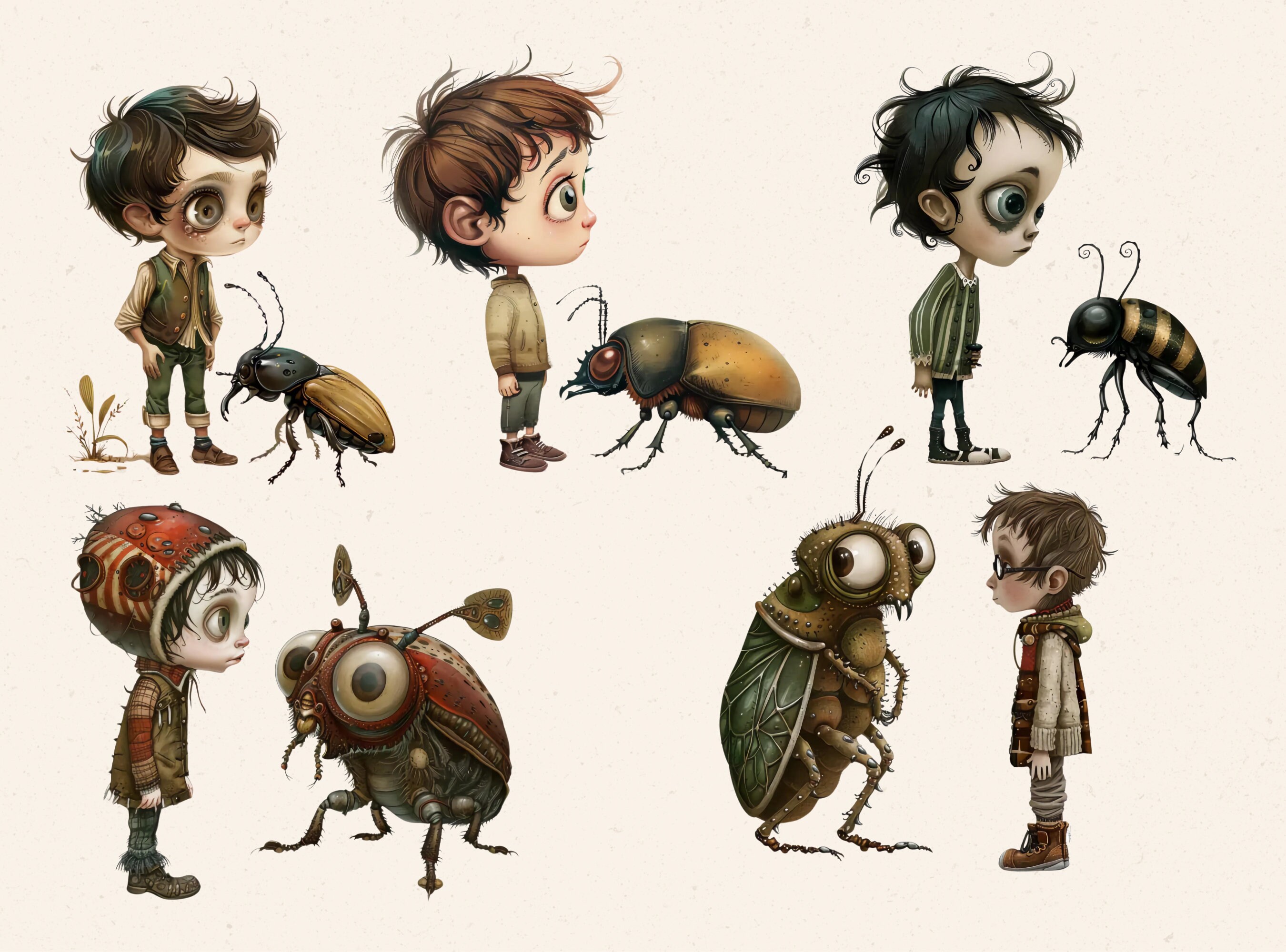 Whimsical Boy Clipart, Boy and Bug Png, Friends Forever Png, Sad Boys ...