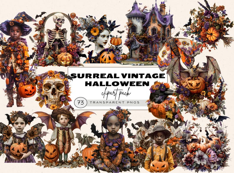 Retro Halloween Clipart Set, Quirky Halloween Clipart, Surreal ...