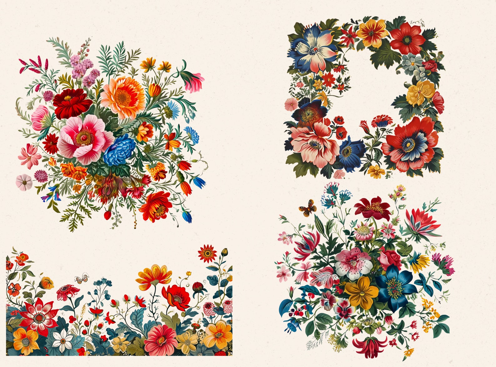 Folk Floral Clipart, Watercolor Floral Border Clipart, Summer Flowers ...