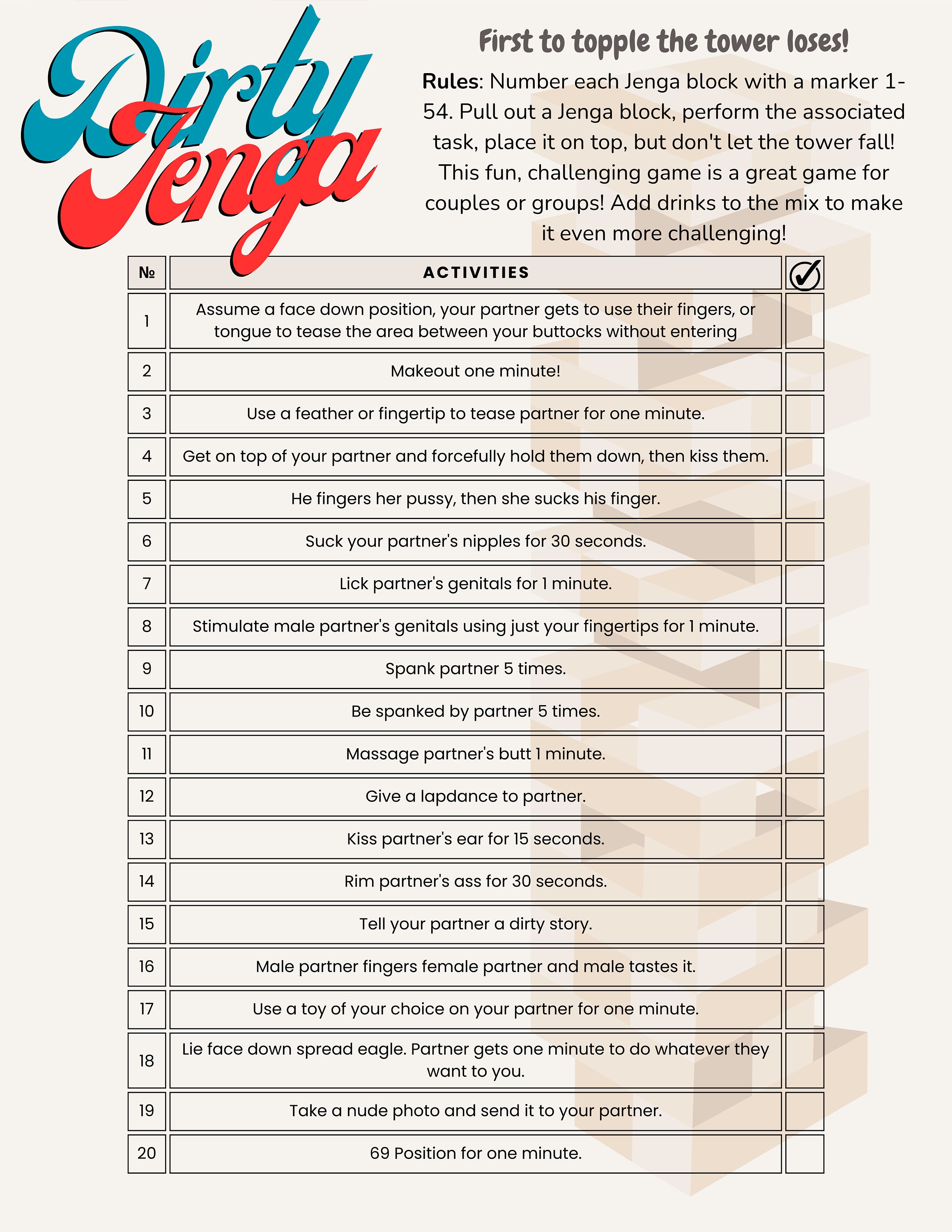 Printable Sexy Game Dirty Jenga, Sex Games Hot Adult Tower Sex Game. 54 ...