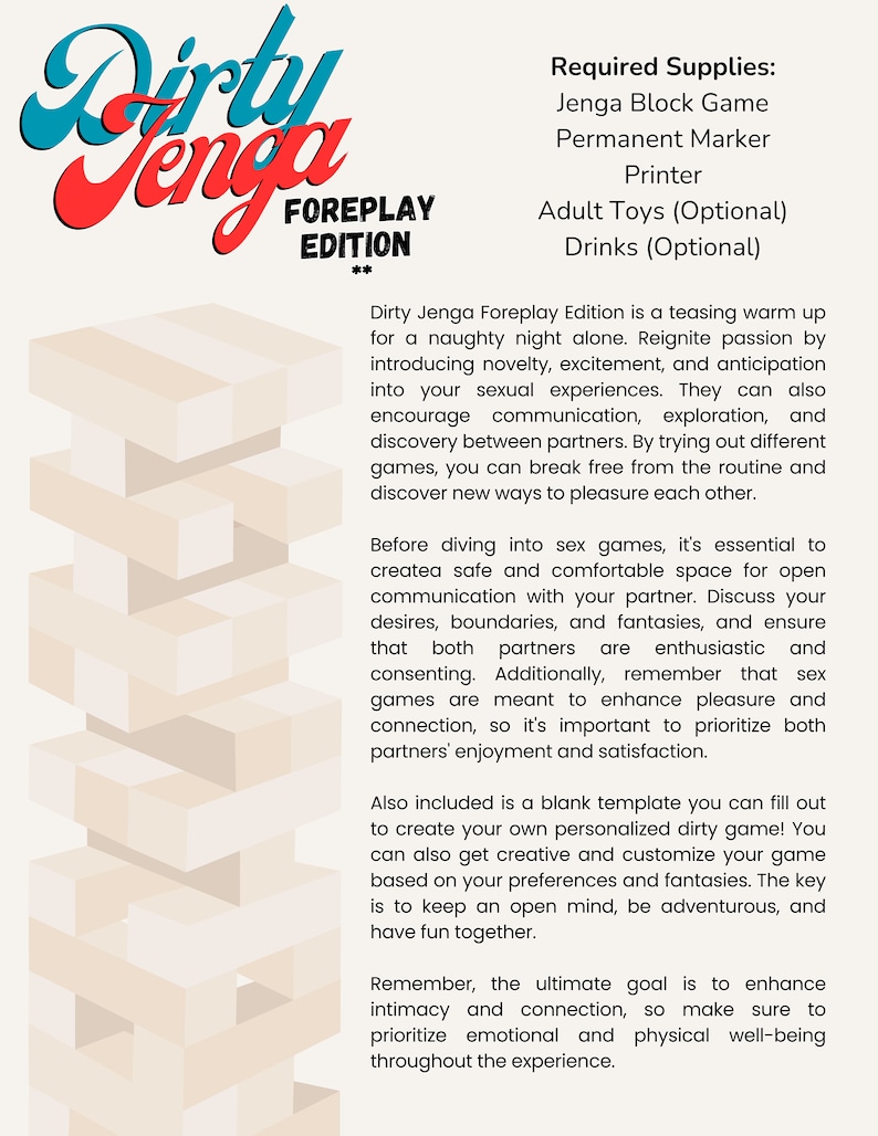 Printable Sexy Game Dirty Jenga, Sex Games Hot Adult Tower Sex Game. 54 Kinky Challenges ...