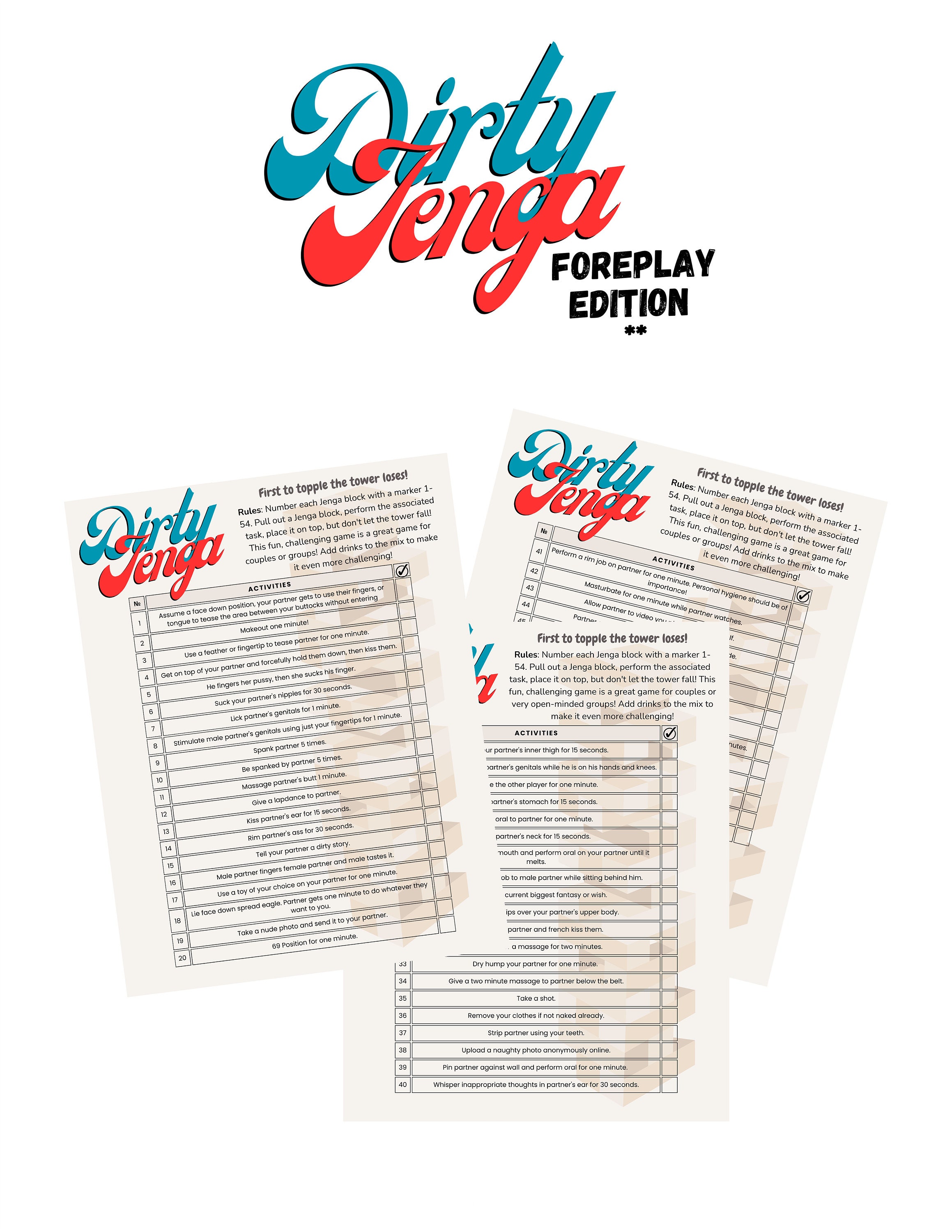 Printable Sexy Game Dirty Jenga, Sex Games Hot Adult Tower Sex Game. 54 Kinky Challenges ...